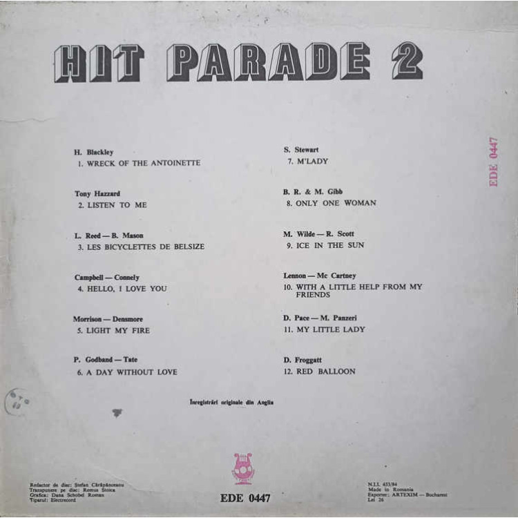 Vinilul HIT PARADE 2 - H. BLACKLEY, TONY HAZZARD, L. REED, B. MASON ...